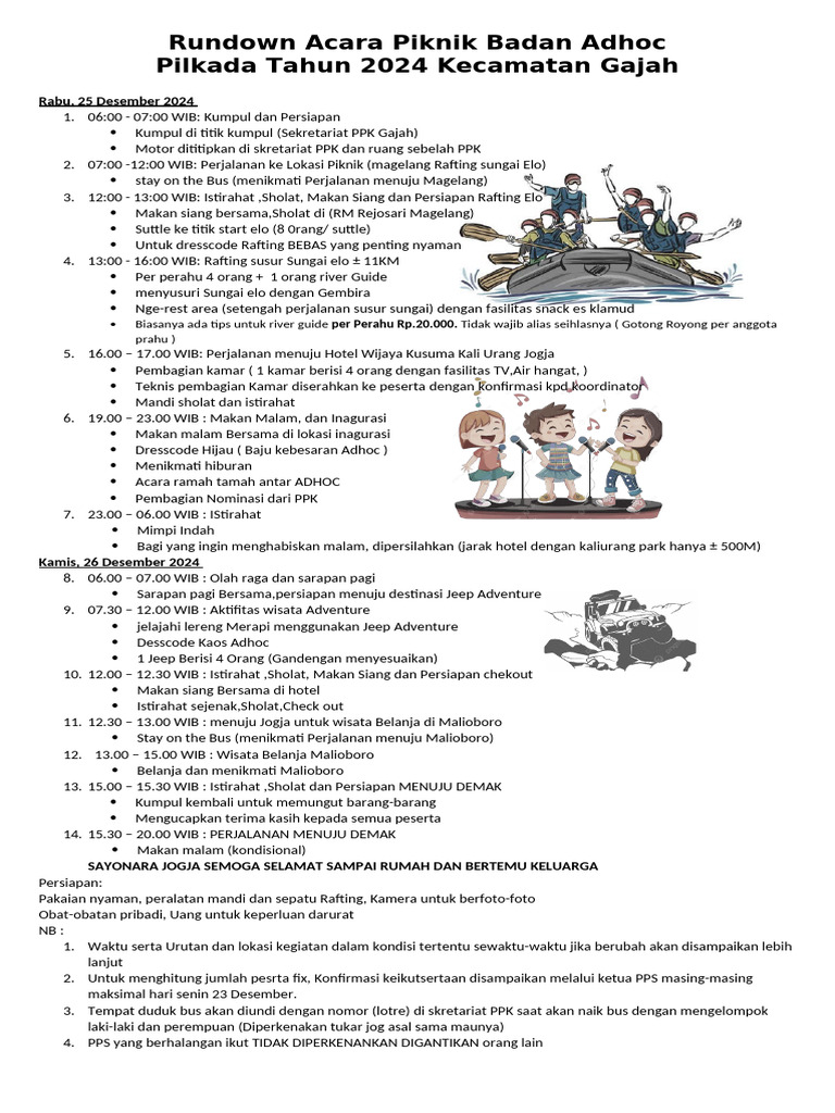 Rundown Acara Piknik Badan Adhoc Pilkada Tahun 2024 Kecamatan Gajah | PDF