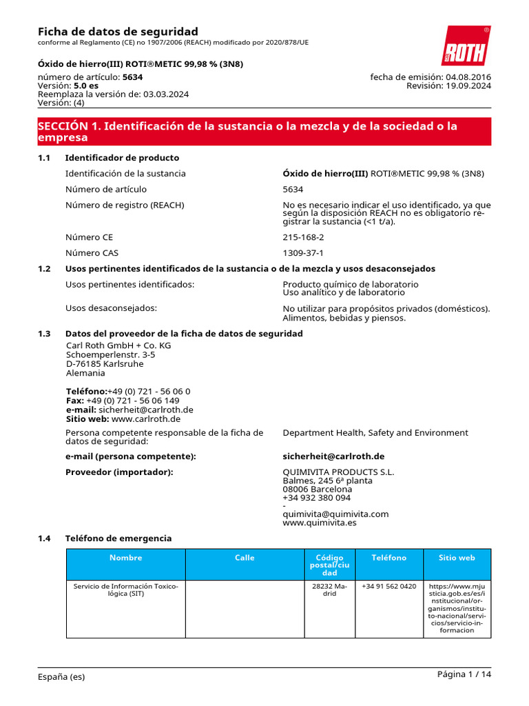 FDS ÓXIDO DE HIERRO SINTÉTICO Roth 03-2024 | PDF | Contaminación | Residuos