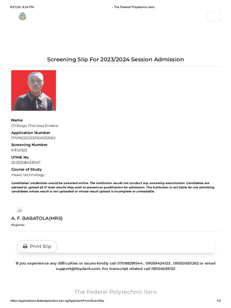 Ilaro Poly (Screening Slip) | PDF