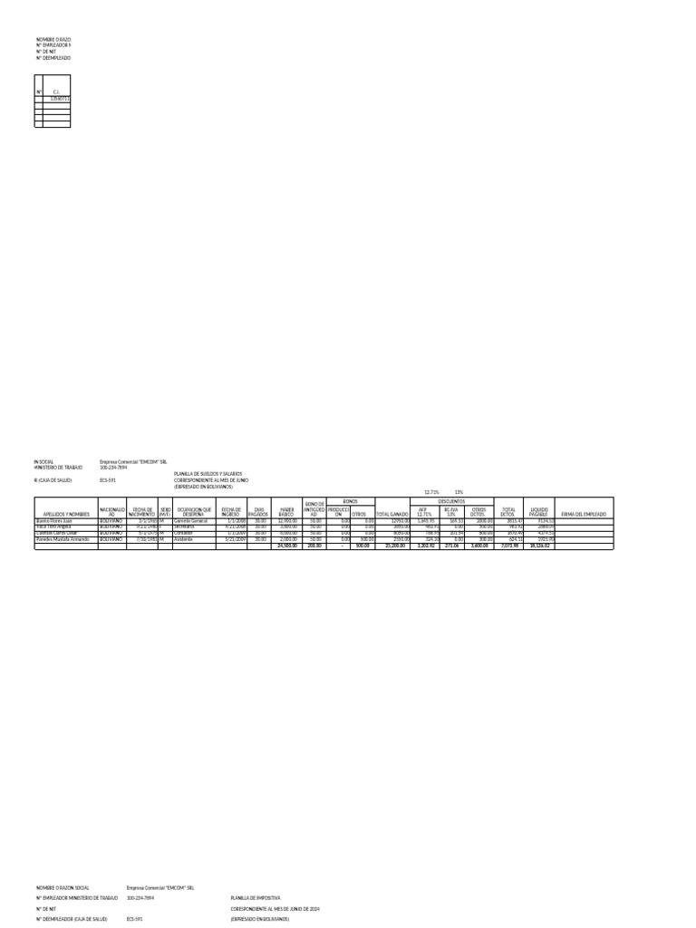 Planilla Salarial EMCOM SRL Junio 2024 | PDF | Economias