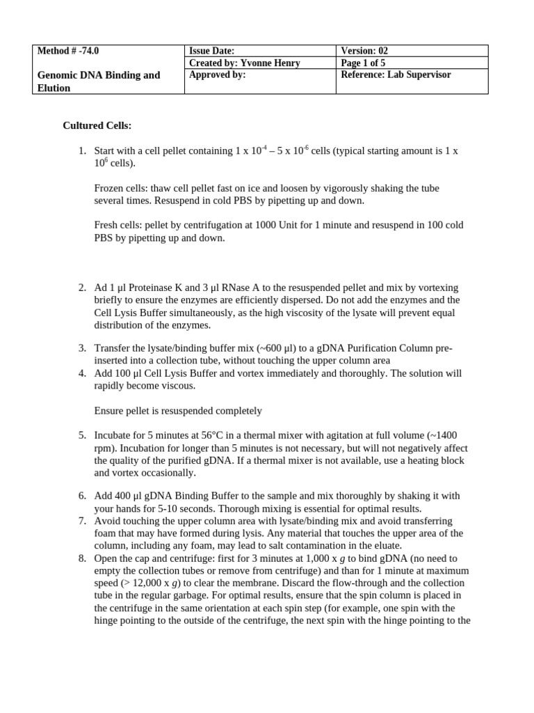 Genomic DNA Binding and Elution SOP - Diego | PDF | Protein ...