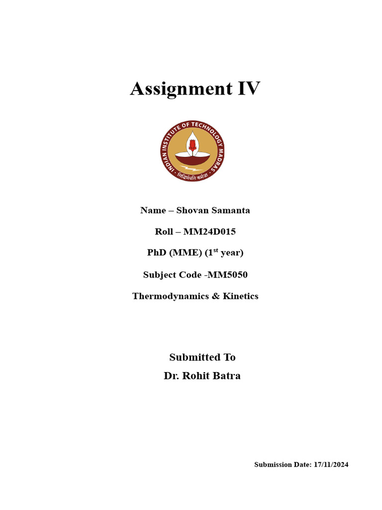 Thermodynamics & Kinetics Assignment IV | PDF