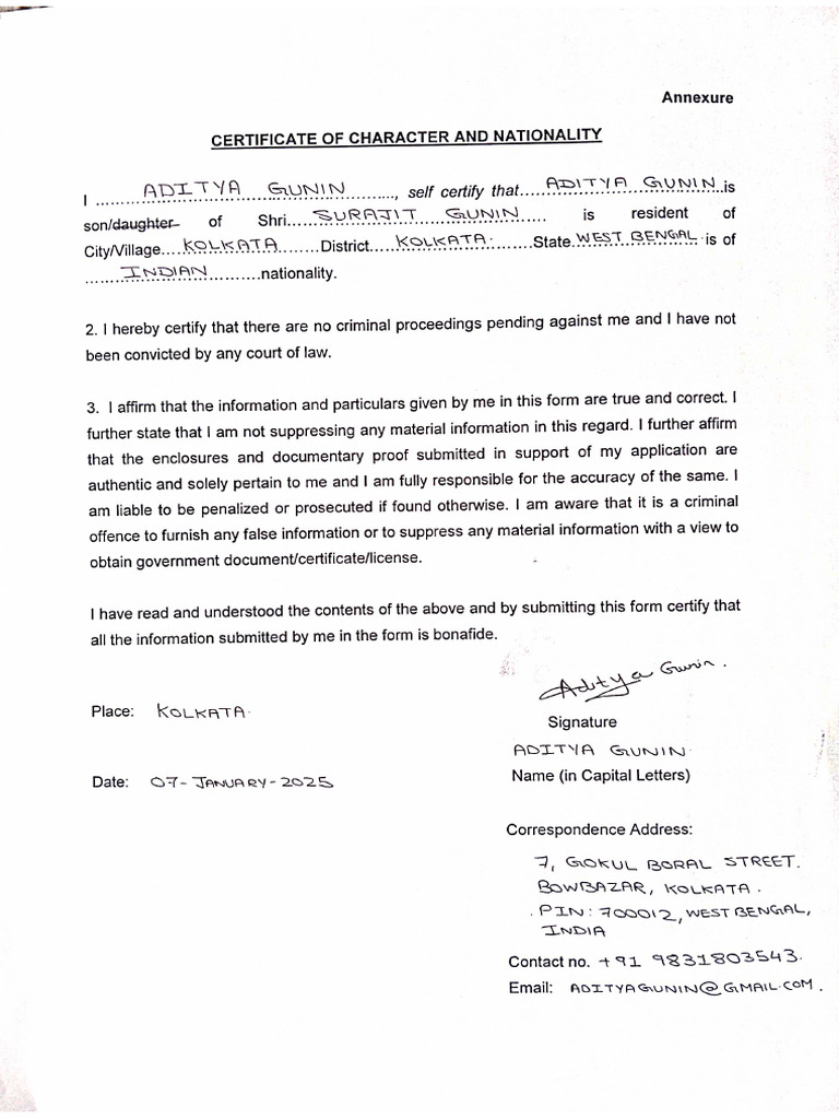 5. CHARACTER AND NATIONALITY CERTIFICATE ADITYA GUNIN | PDF