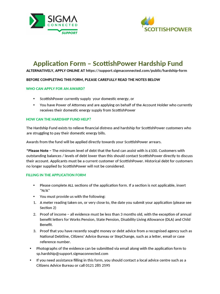 Scottish Power Hardship Application Form Sigma Connected Support | PDF ...