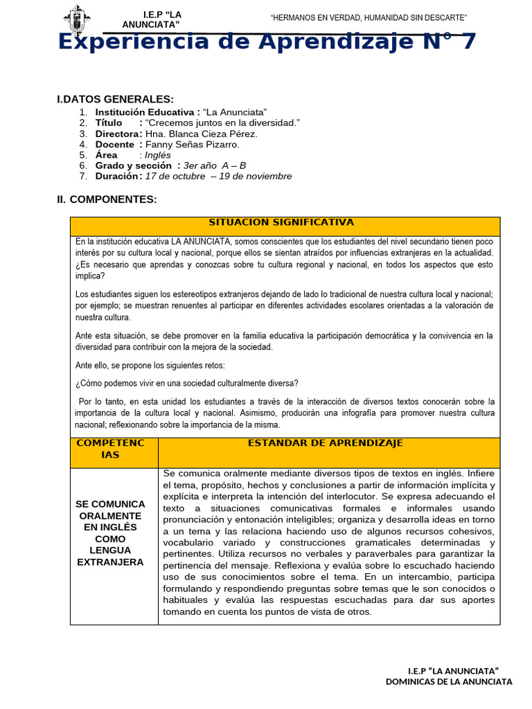 Experiencia de Apre 3er Año Unit 7 | PDF | Aprendizaje | Léxico