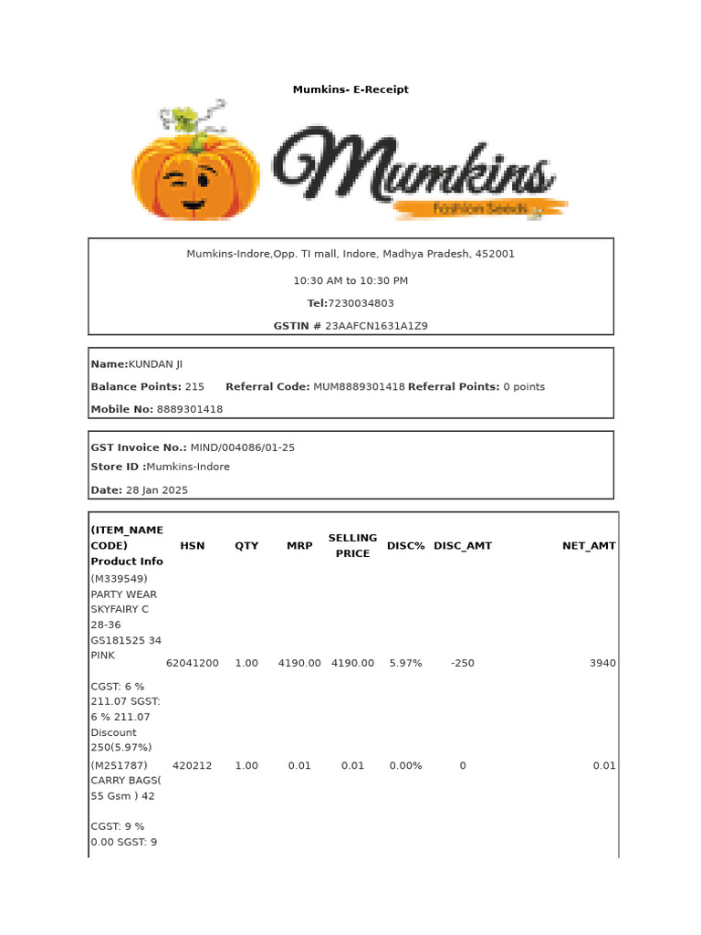 Mumkins Indore E-Receipt Details | PDF | Taxation | Payments