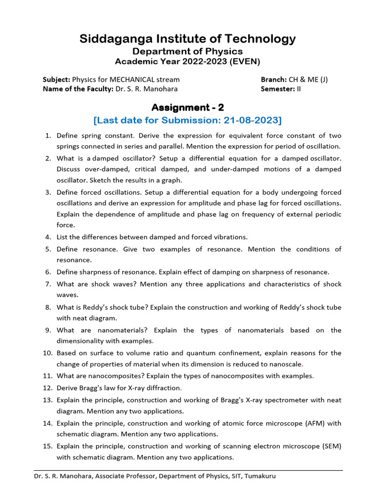 Assignments 2 Physics (J - 2022-23 EVEN) | PDF | Resonance | Oscillation