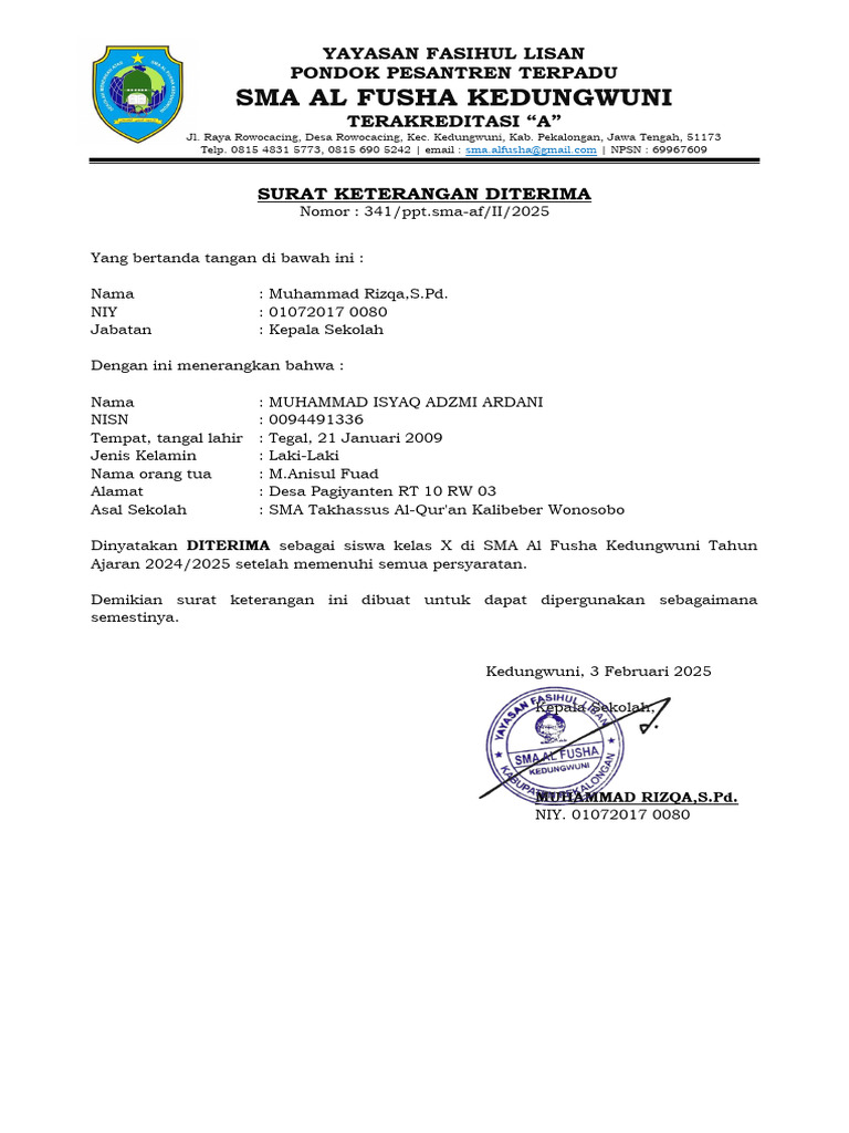 SURAT KETERANGAN DITERIMA isyaq | PDF