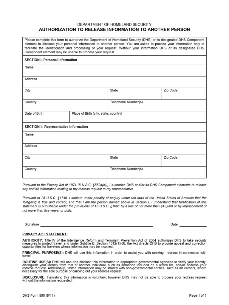 DHS Form 590: Authorization for Release | PDF | United States ...