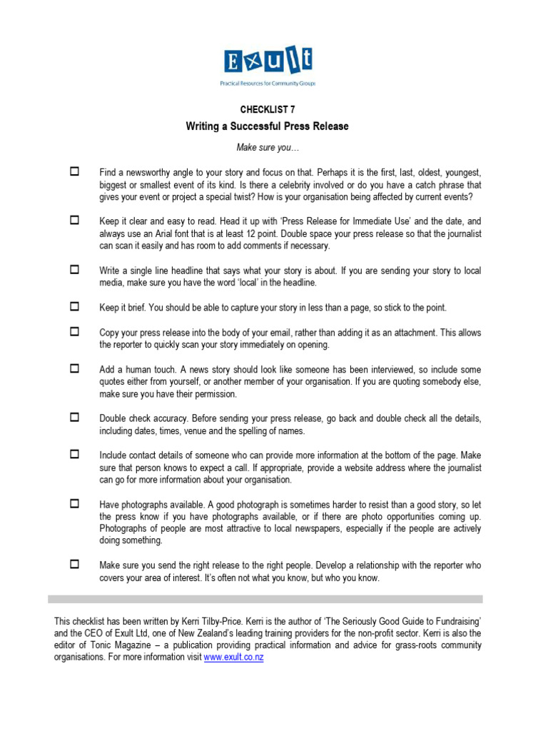Press Release Writing Checklist | PDF