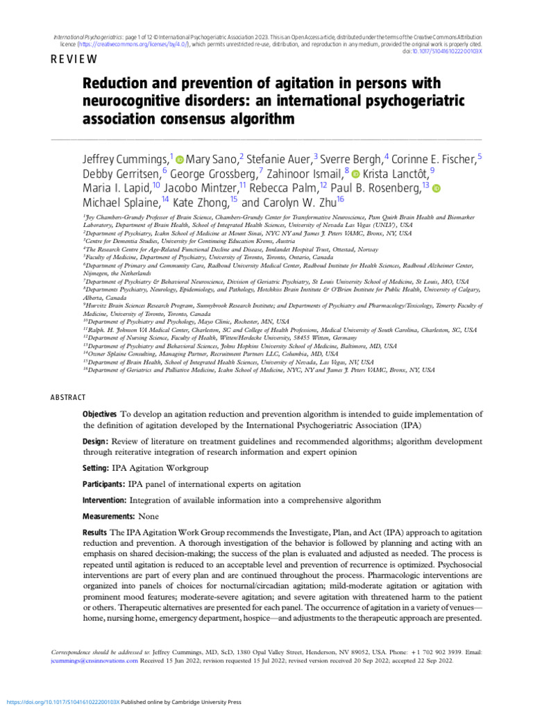 2023 Reduction and Prevention of Agitation in Persons With Neurocognitive Disorders an ...