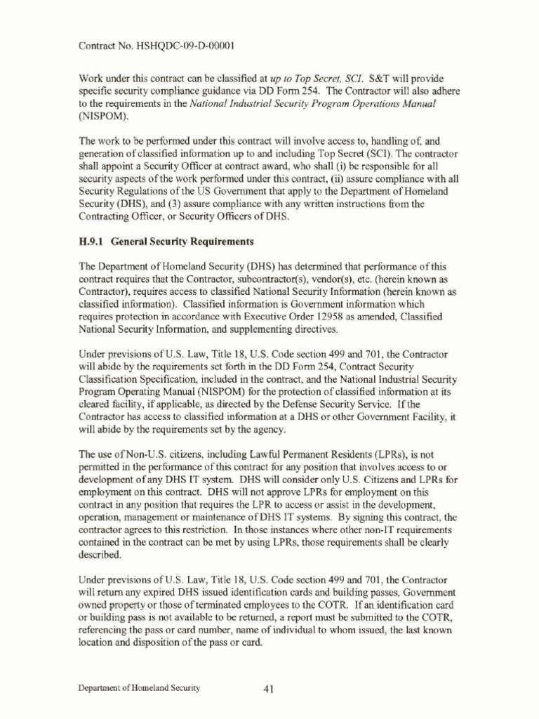 MGMT Award Hshqdc09d00001 2 | PDF | Classified Information In The ...