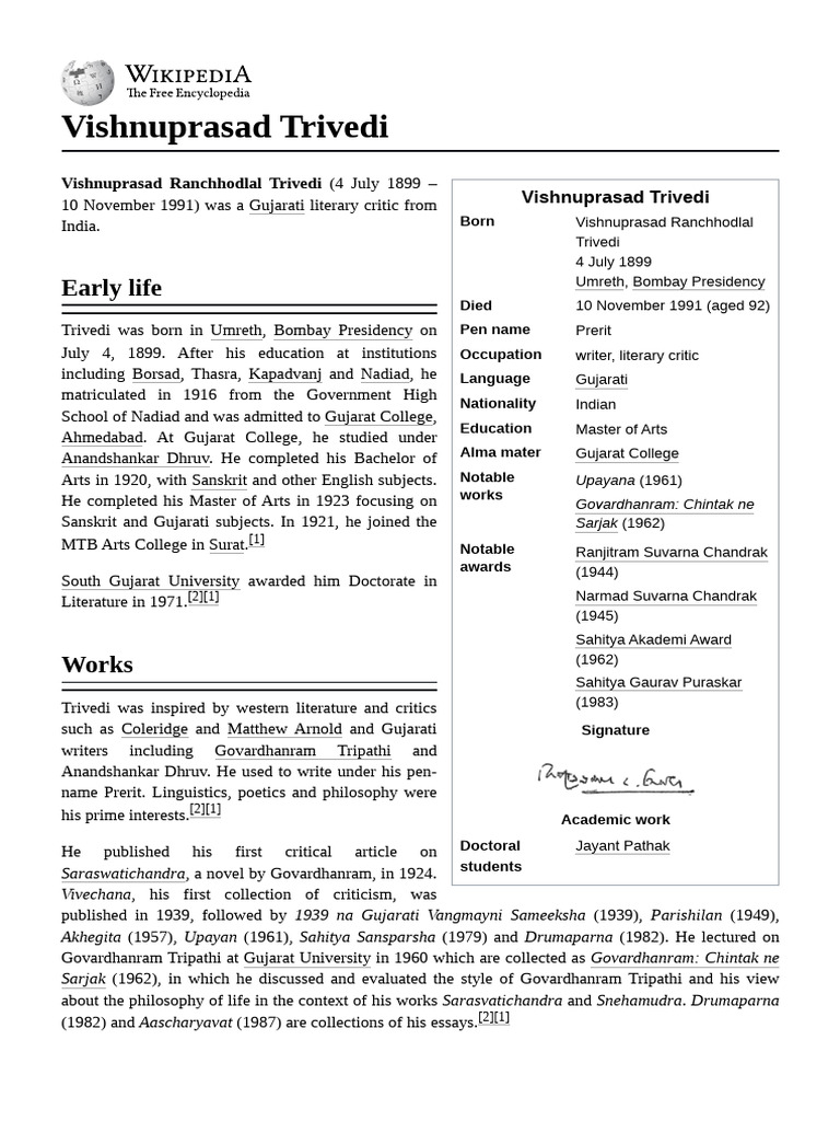 Vishnuprasad Trivedi | PDF | Gujarat | Indian Literature