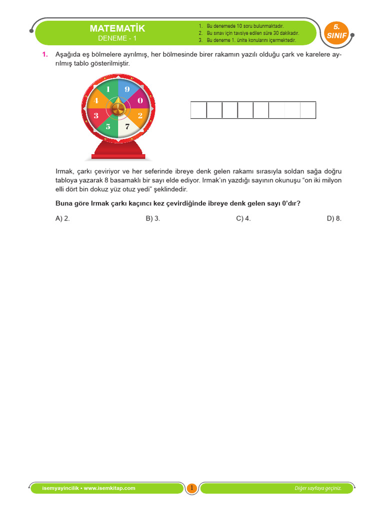 5.Sınıf Matematik Branş deneme_Ornek | PDF 5.Sınıf Matematik Branş deneme_Ornek | PDF