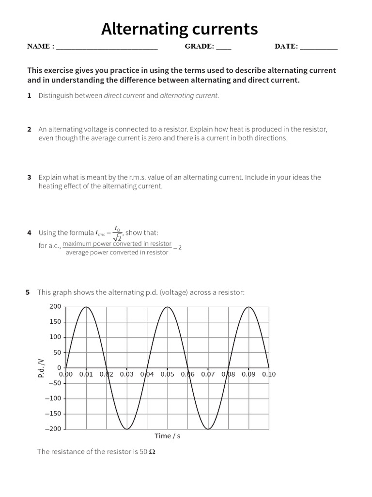 G11 - A - Worksheet - Alternating Current - 1 | PDF | Rectifier | Root Mean Square