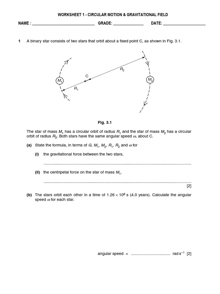 G11 - A - Worksheet - Circular Motion & Gravitational Field - 1 | PDF ...