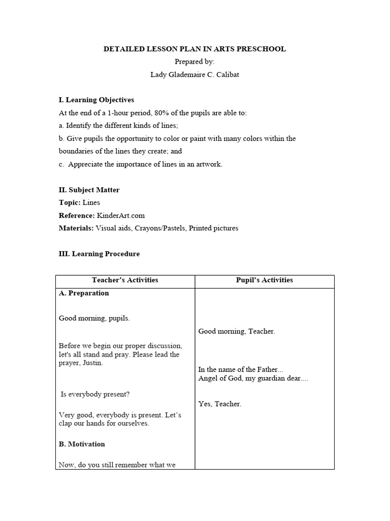 Detailed Lesson Plan in Arts Preschool 3 | PDF | Lesson Plan