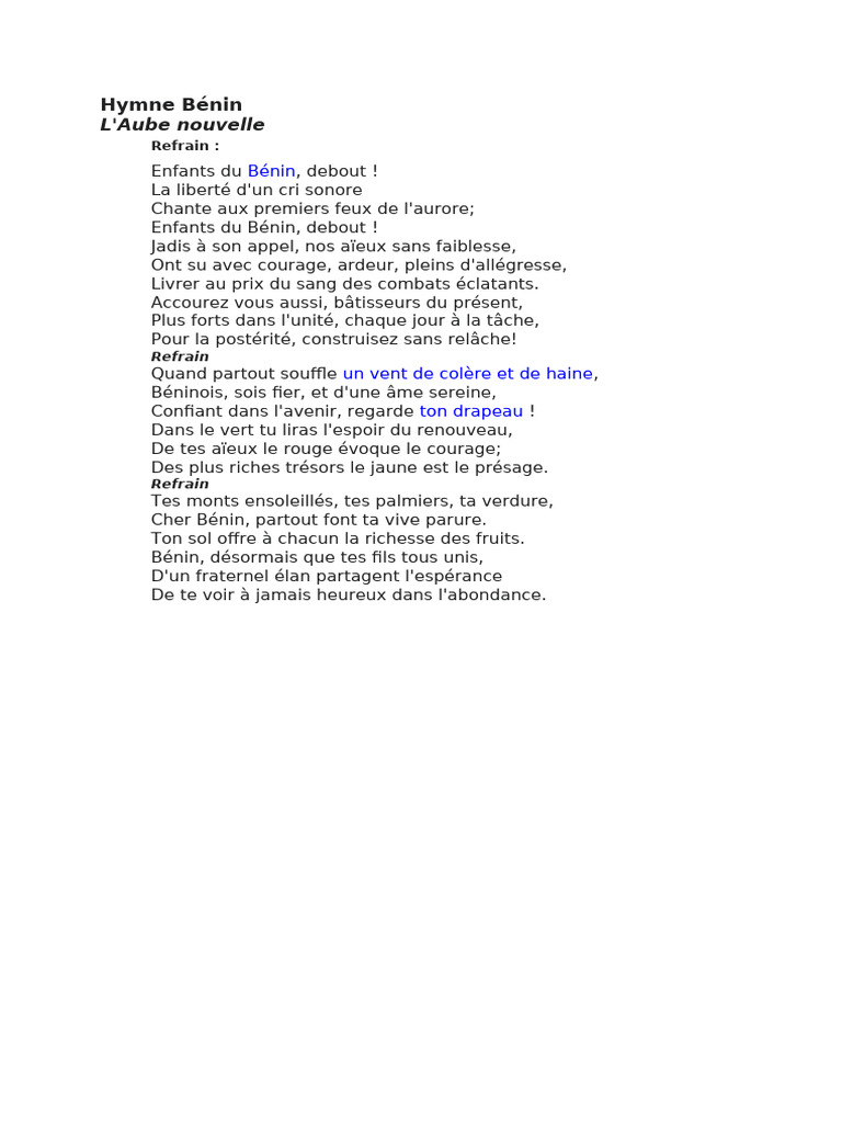 Hymne national du Bénin : L'Aube nouvelle | PDF