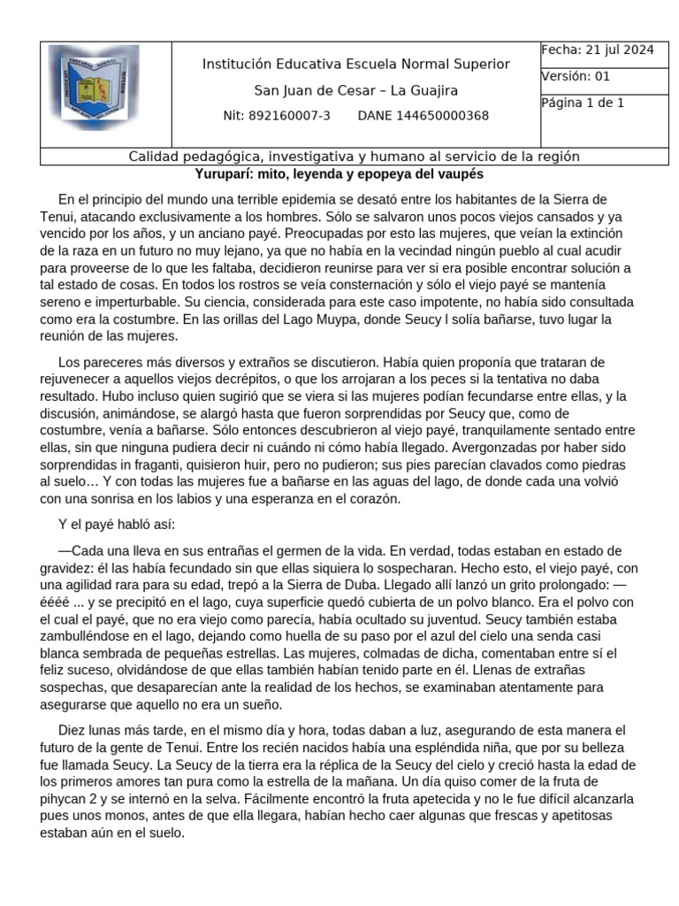 Yuruparí: Mito y Leyenda del Vaupés | PDF