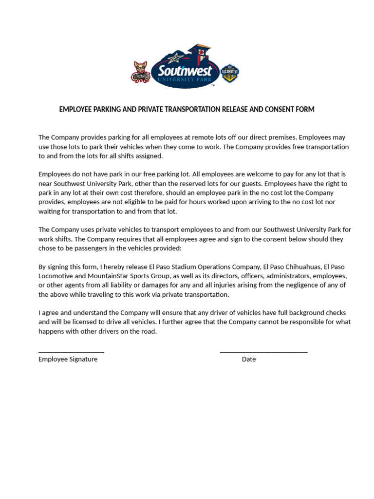 Employee Parking and Private Transportation Release and Consent Form | PDF