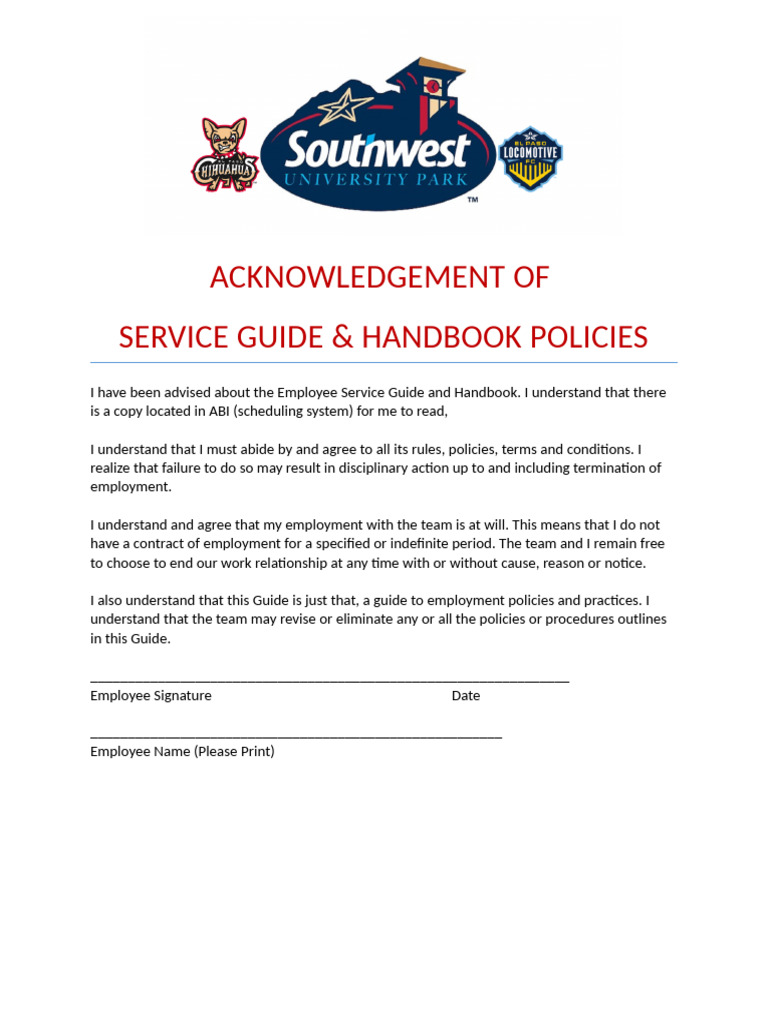 Acknowledgement of Service Guide & Handbook Policies | PDF