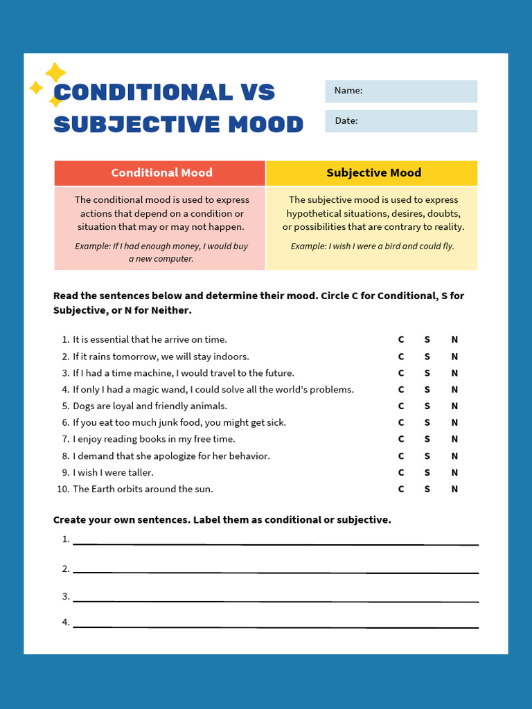 Language Arts Conditional vs Subjective Mood Worksheet in Colorful Flat ...
