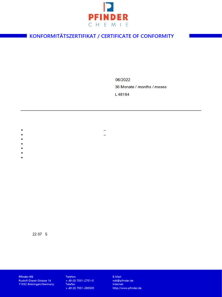 Certificado Pfinder 890 Limpiador L48184 | PDF