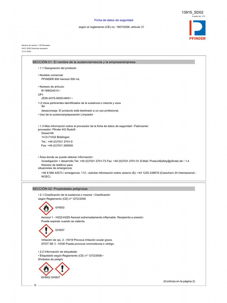 Ficha de Seguridad PFINDER 890 | PDF | Solvente | Toxicidad
