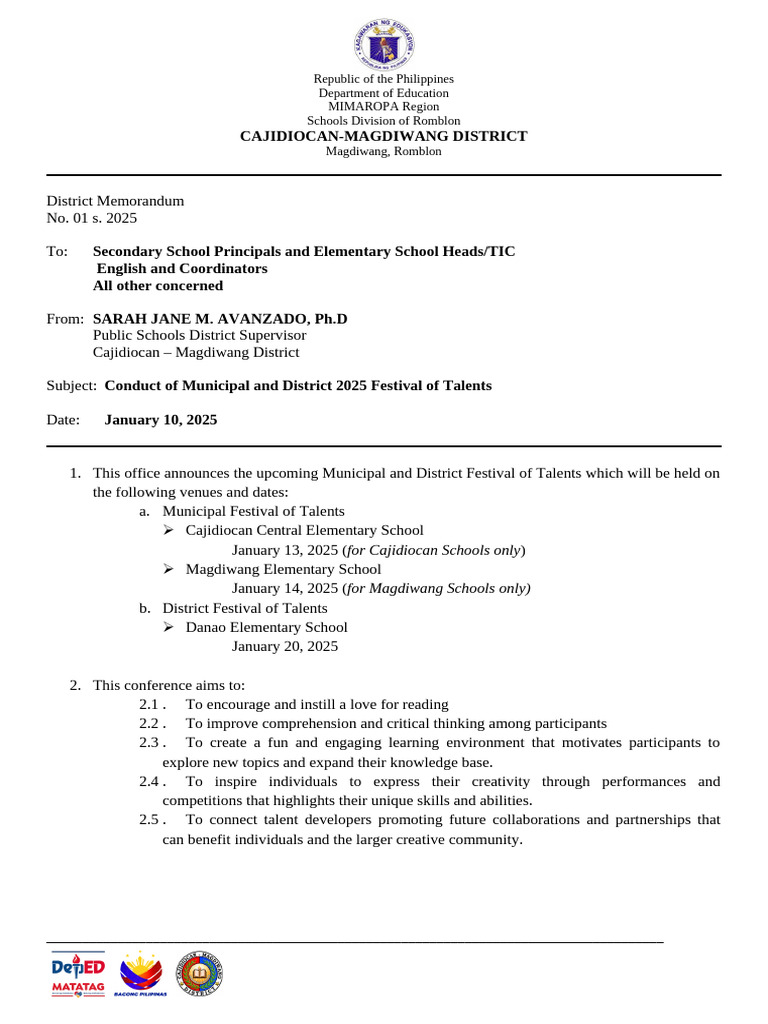 2025 District Festival of Talents Memo | PDF | Cognition | Behavior ...
