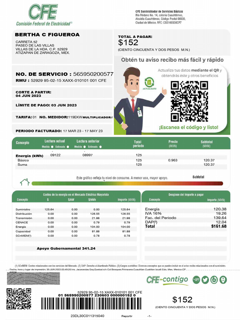 Factura de CFE: Consumo y Pago Junio 2023 | PDF | Cantidades fisicas