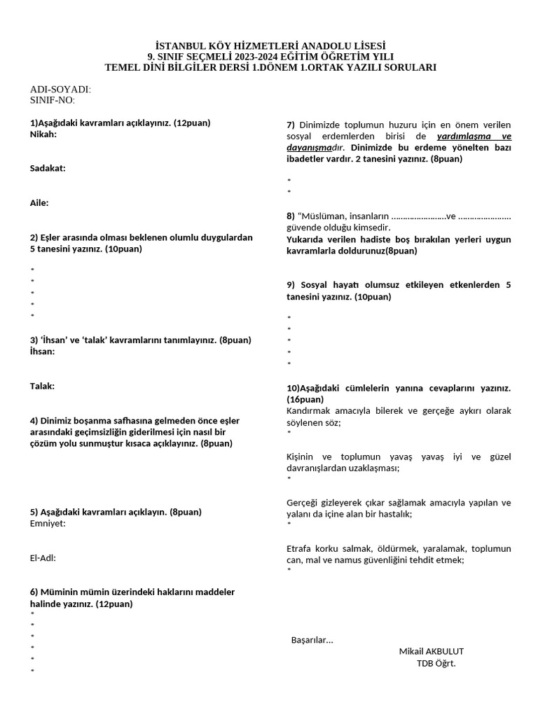 2023-24 9.sinif TDB 1.1. | PDF