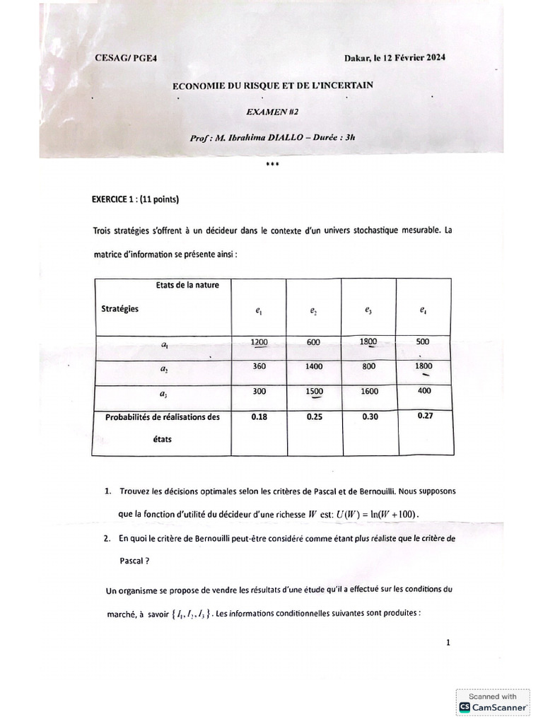 Examen, Économie Du Risque Et de L Ince | PDF