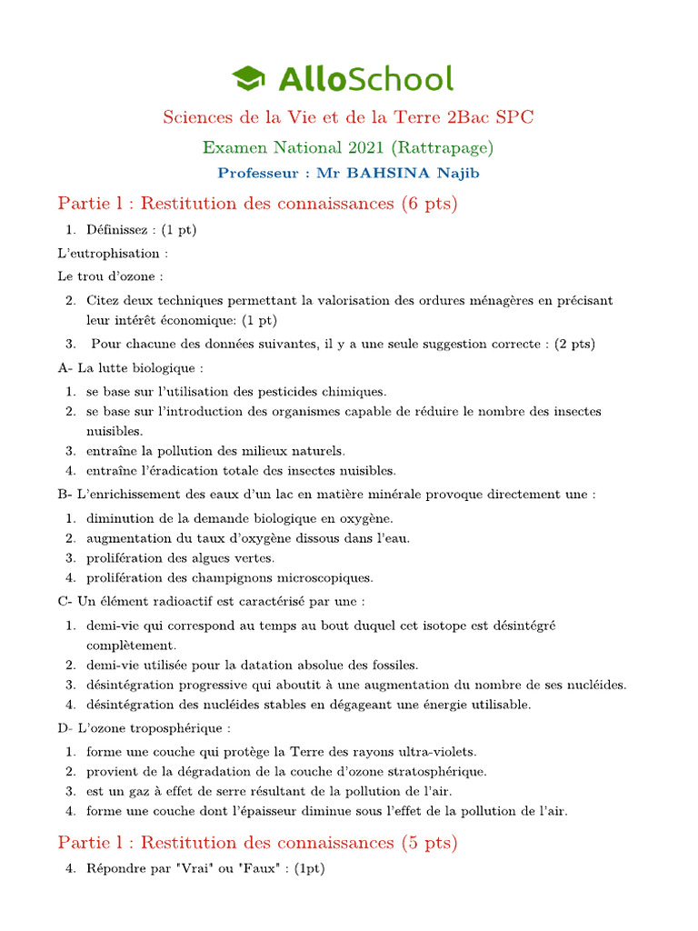SVT 2bac SPC Examen National 2021 Rattrapage 2 | PDF