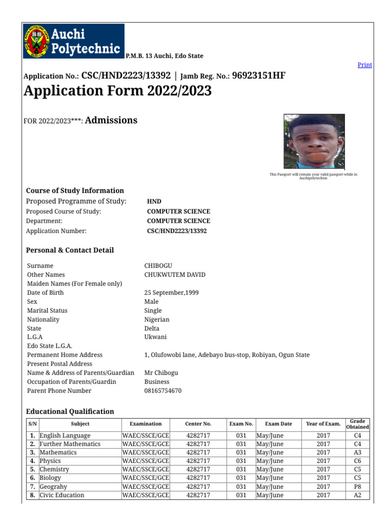 Auchi Poly (Application Form) | PDF | Qualifications | Educational Stages