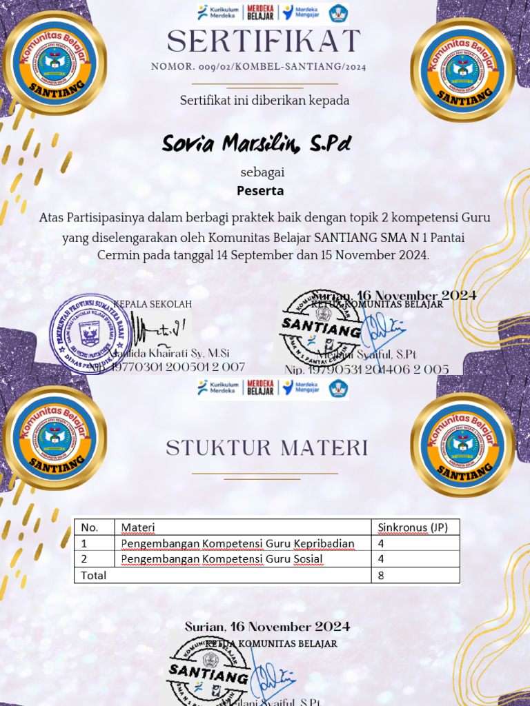 SERTIFIKAT KOMBEL SEKOLAH | PDF