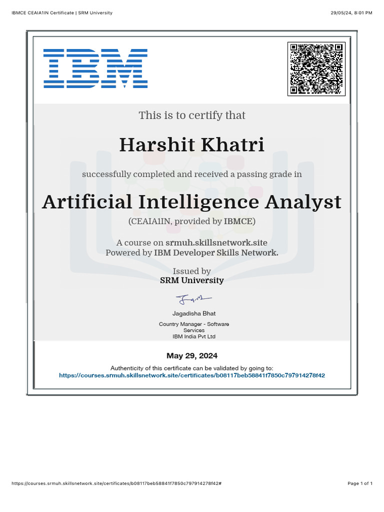 IBMCE CEAIA1IN Certificate - SRM University | PDF