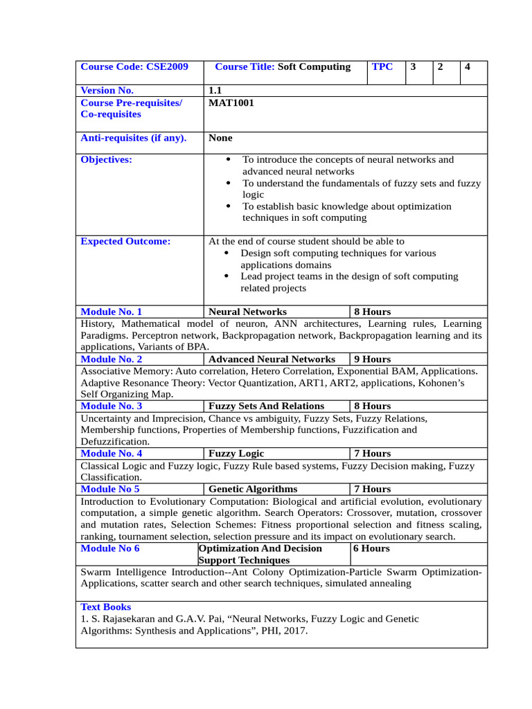 Cse2009 Soft-Computing Eth 1.1 3 Cse2009 | PDF | Fuzzy Logic | Machine Learning
