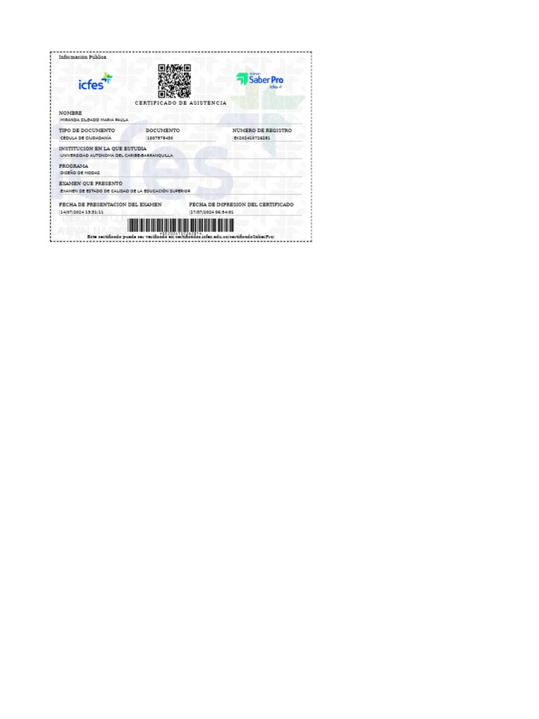 Certificado Asistencia Saber Pro | PDF