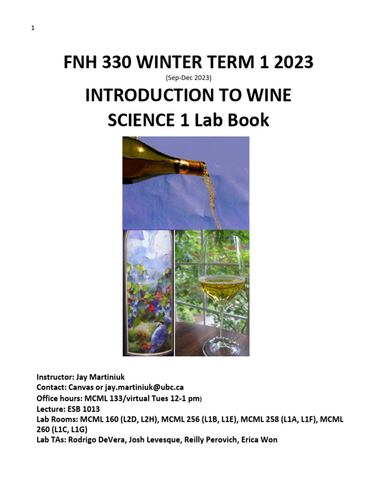 FNH 330 Lab Book 2023W2 Labs 1-2 | PDF | Aroma Of Wine | Taste
