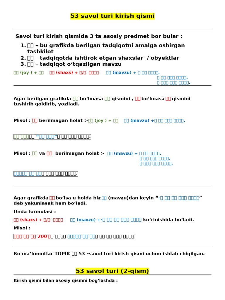 53 savol turi kirish qismi uchun misollar | PDF
