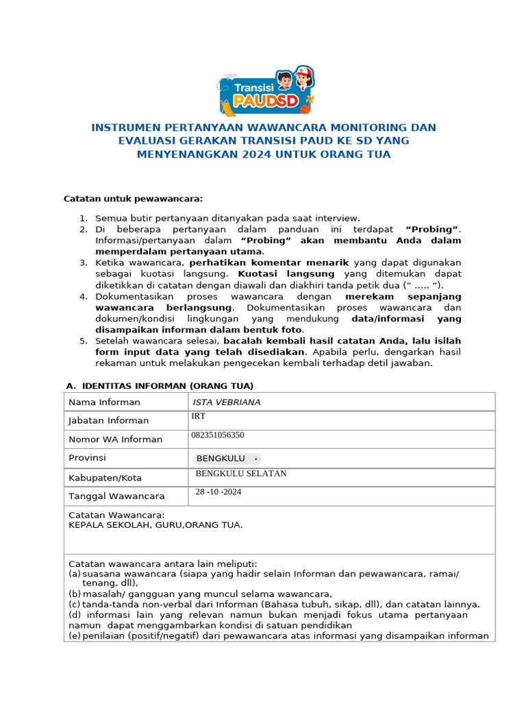 Instrumen Orang Tua - Transisi PAUD-SD 2024 | PDF