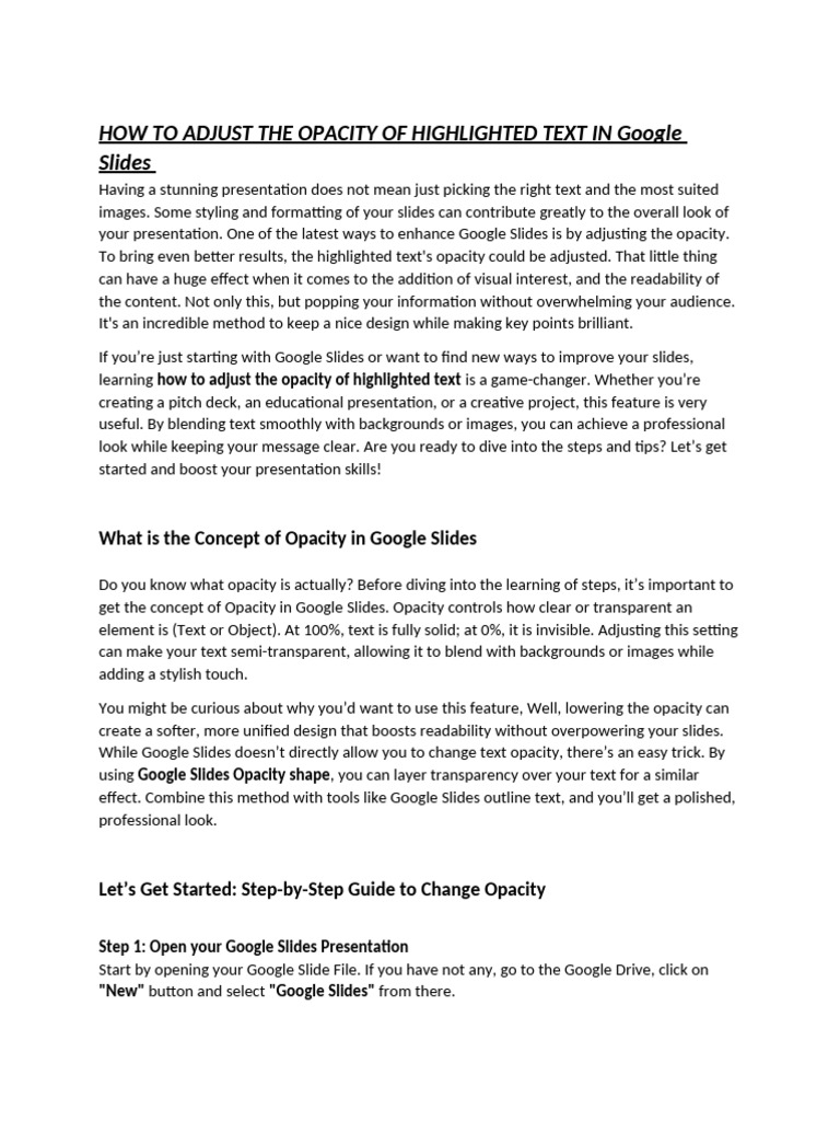 How To Change The Opacity of Highlighted Text in Google Slides | PDF