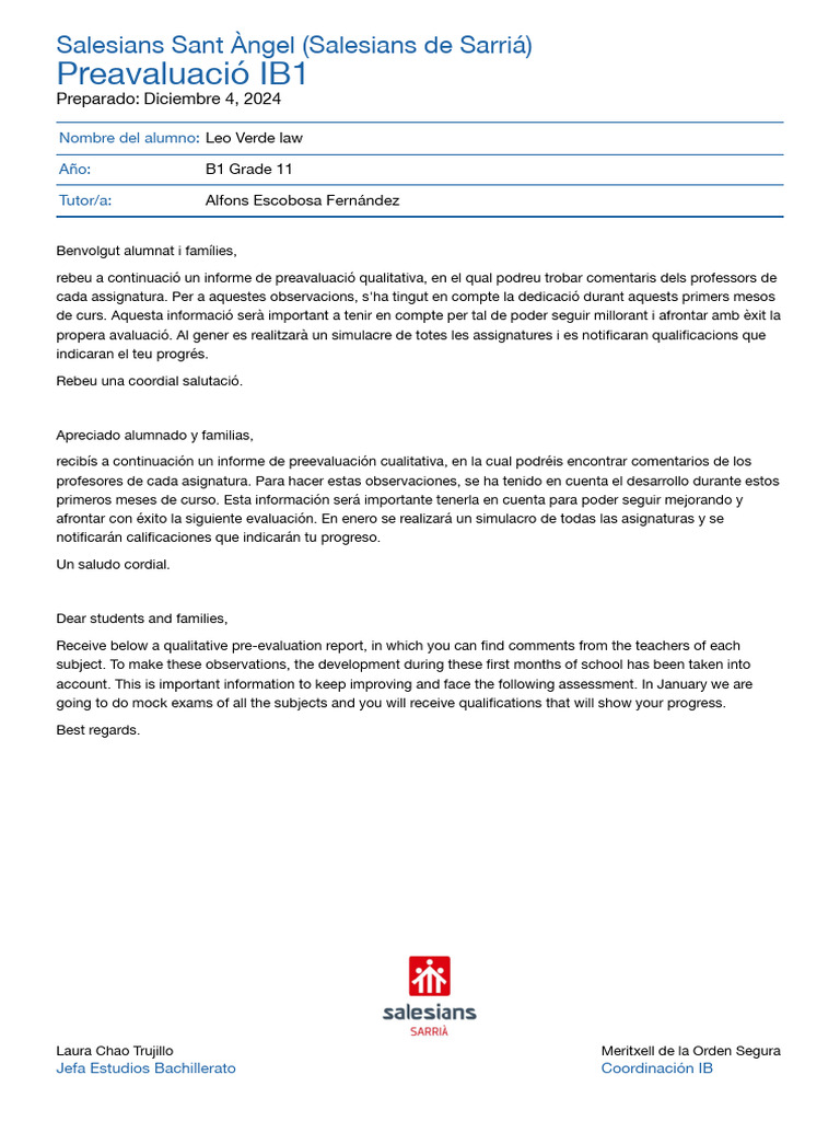 Informe Preavaluació IB1 Salesians | PDF