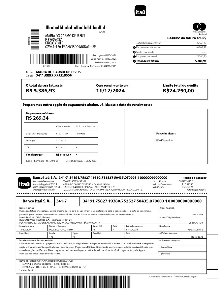 Fatura Itau 20241207-175206 | PDF | Crédito rotativo | Crédito