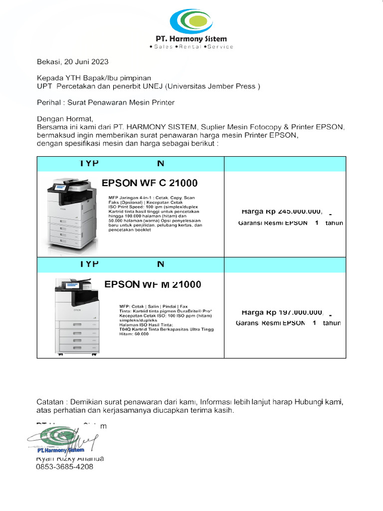 Penawaran Harga Printer Epson Unej | PDF