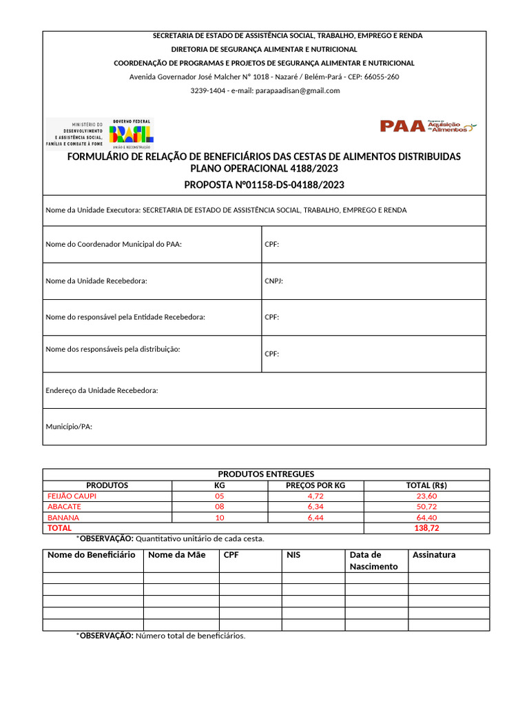 FORMULÁRIO DE CESTAS DE ALIMENTOS | PDF