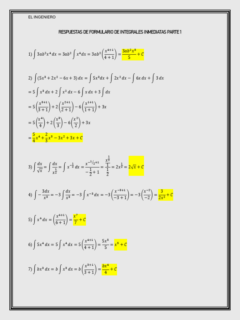 1.respuestas de Formulario de Integrales Inmediatas Parte 1 | PDF