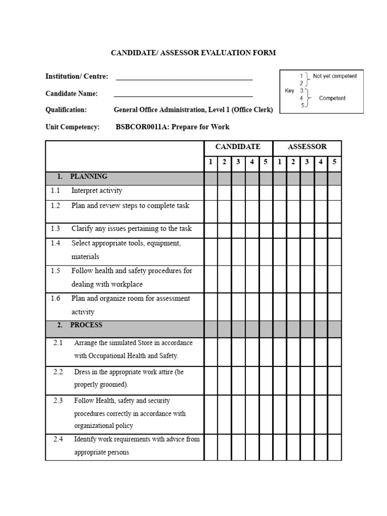 Candidate - Assessor Evaluation Form | PDF | Occupational Safety And ...