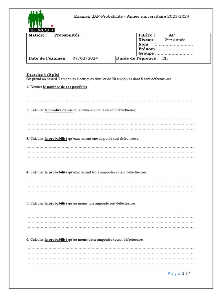 Examen Proba 2AP-S1-2024 | PDF