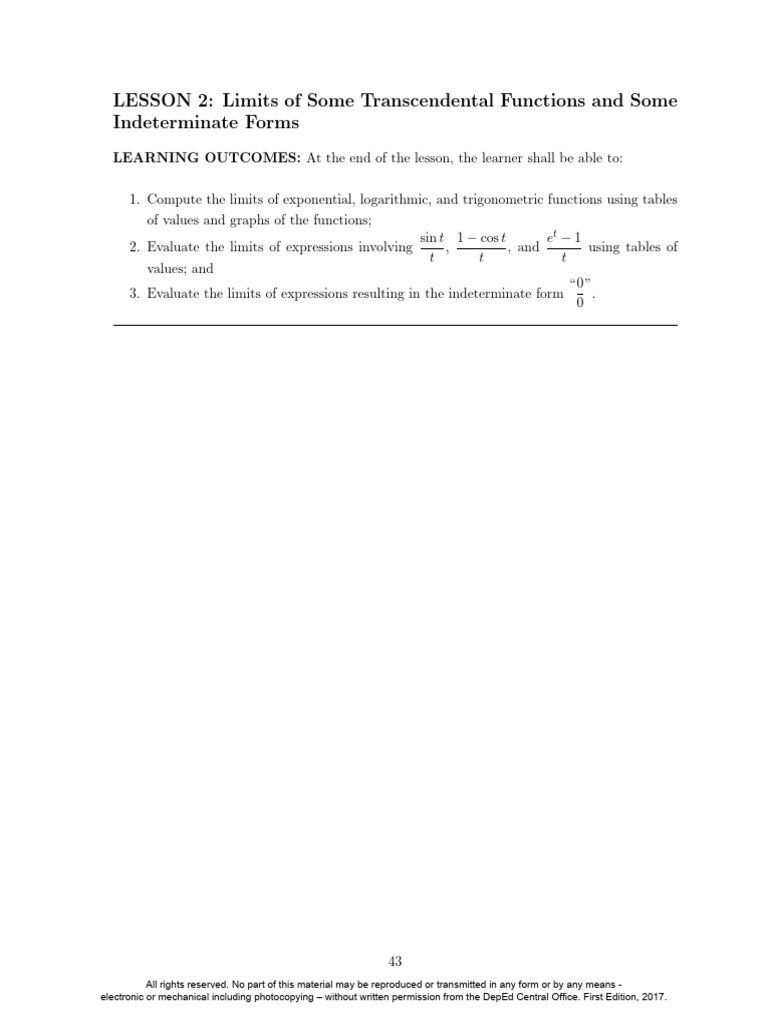 Basic Calculus Lesson 2 1 Limits Of Some Transcendental Functions Pdf Function Mathematics
